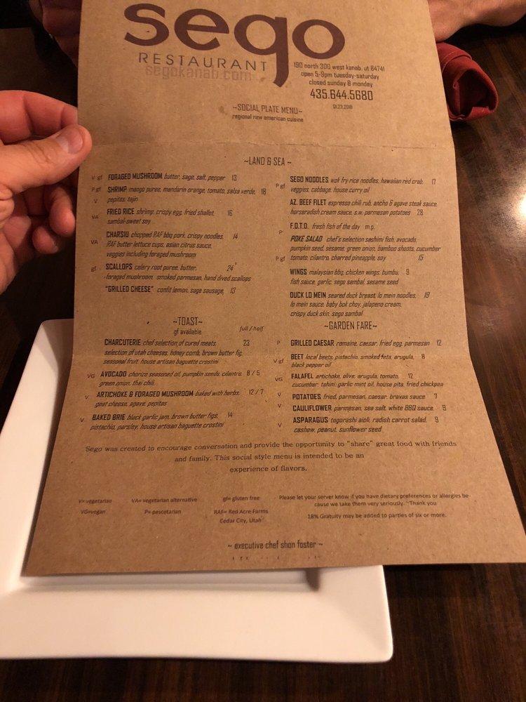 Menu at Sego Restaurant, Kanab