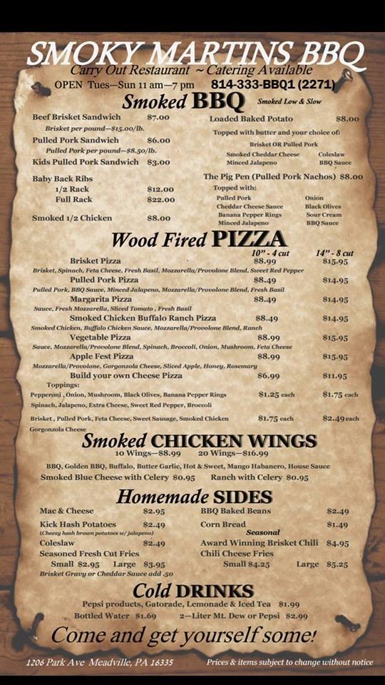 Menu at Smoky Martins BBQ, Meadville
