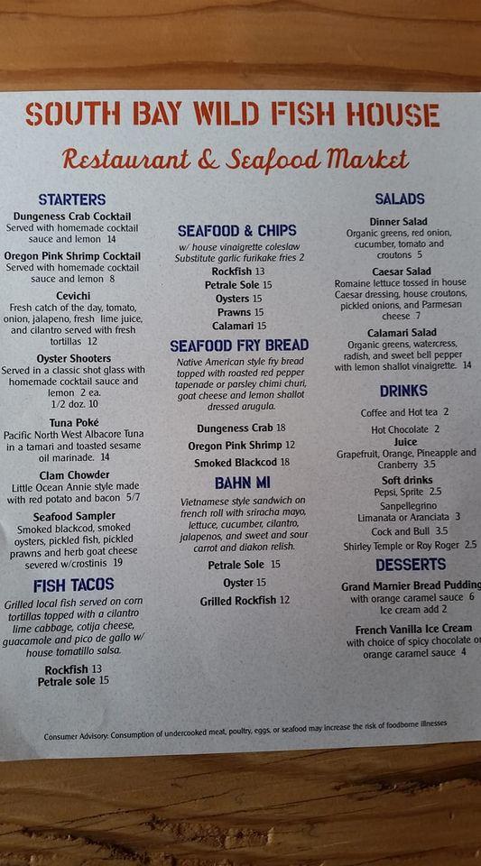 Menu at South Bay Wild Fish House restaurant, Astoria