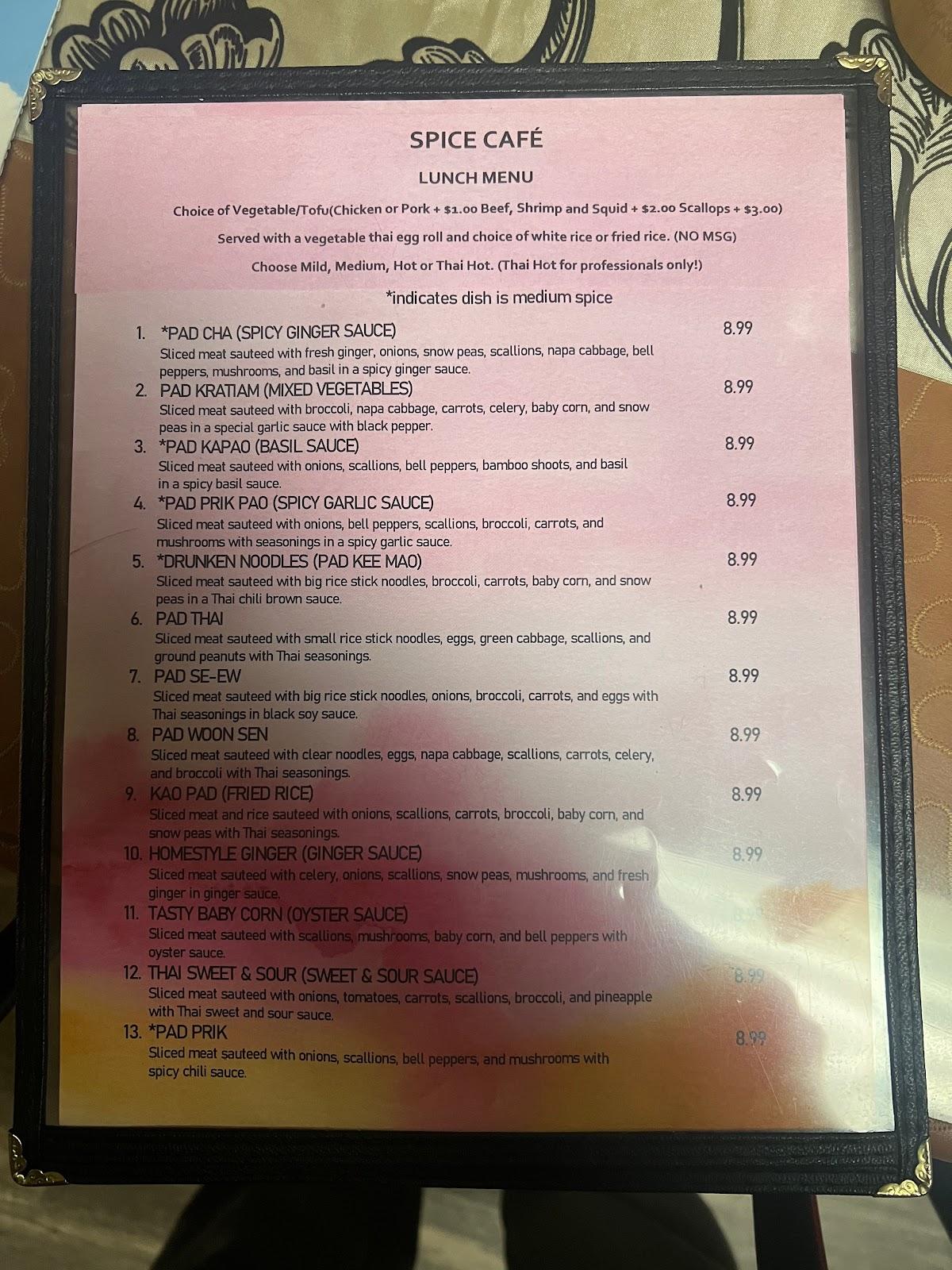 Menu at Spice Cafe, Southern Pines, 225 W Morganton Rd Suite A