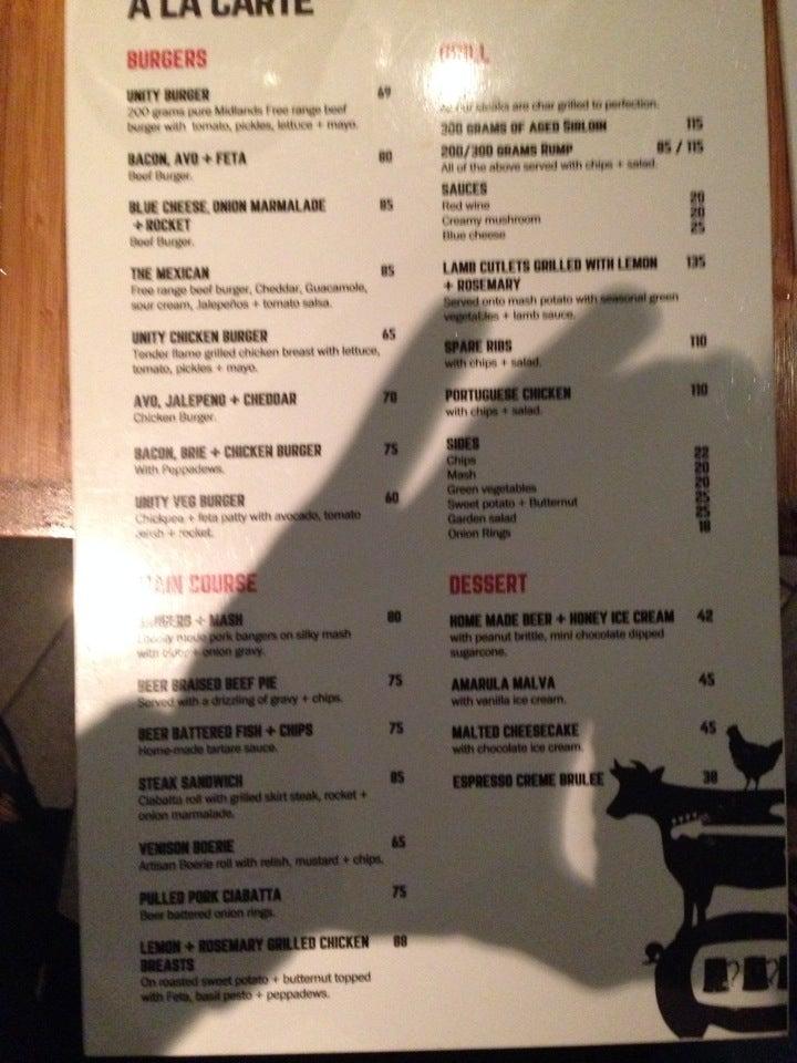 Menu at Unity Bar & Brasserie, Durban