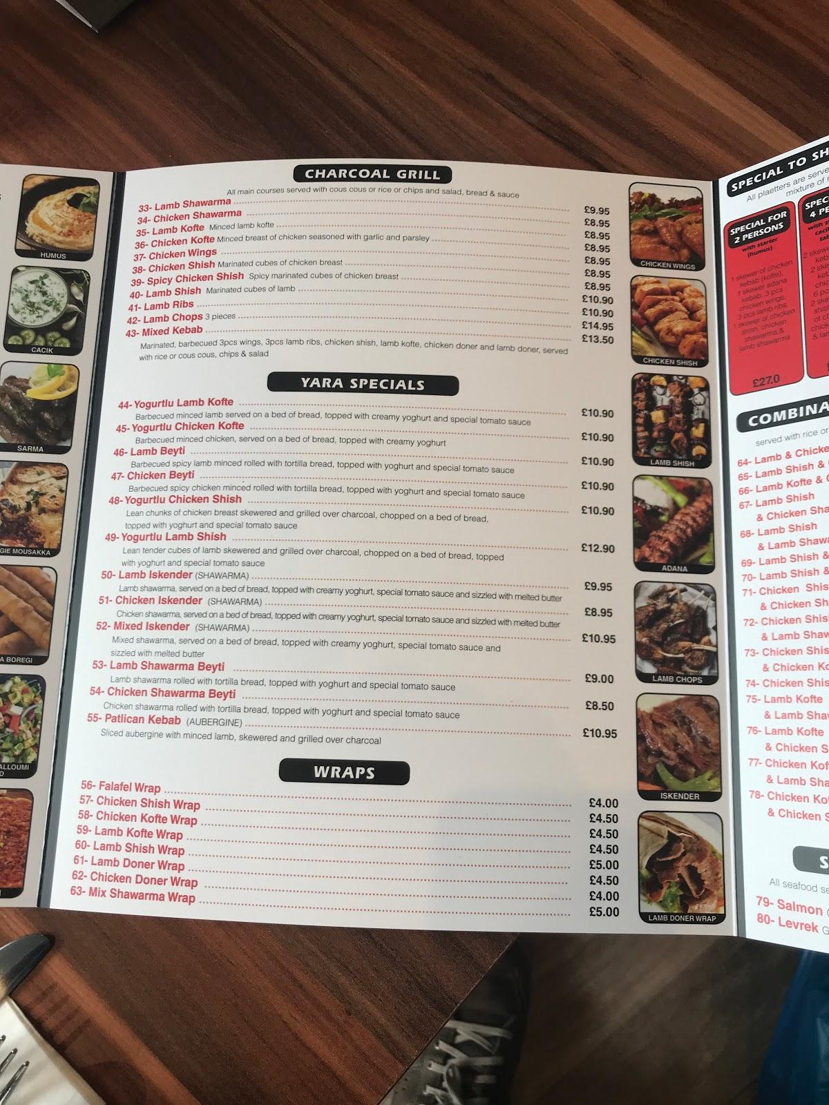 Carta de Yara Restaurant, Leicester