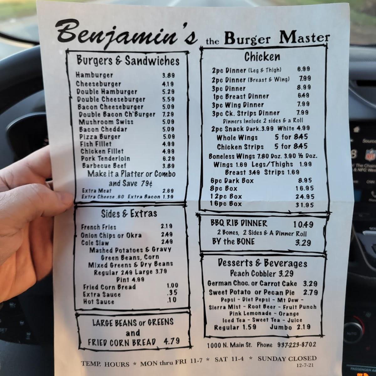 Menu at Benjamin's the Burger Master restaurant, Dayton