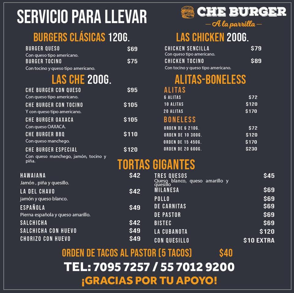 Menu at CHE Burger restaurant, Mexico City
