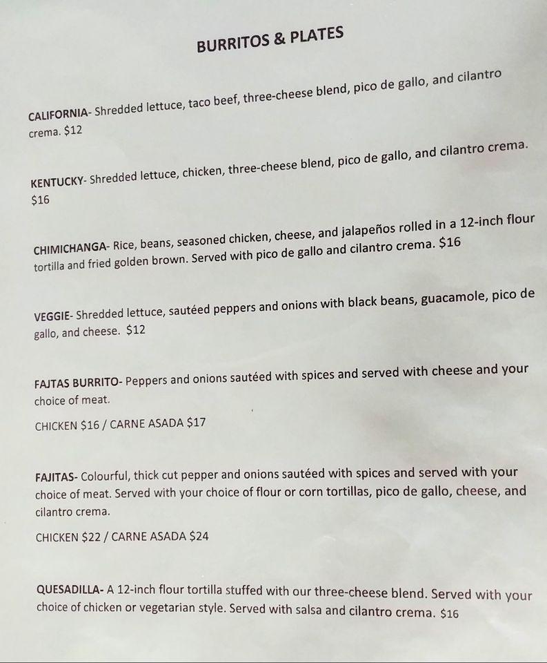Menu at Chicano's Tacos and Tequila restaurant, Amherstburg