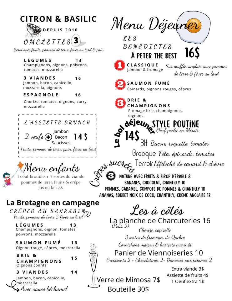 Menu au Restaurant Citron et Basilic, Huntingdon