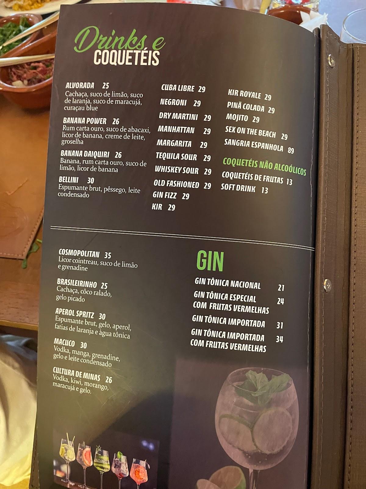 Menu at Cultura de Minas restaurant, São Paulo