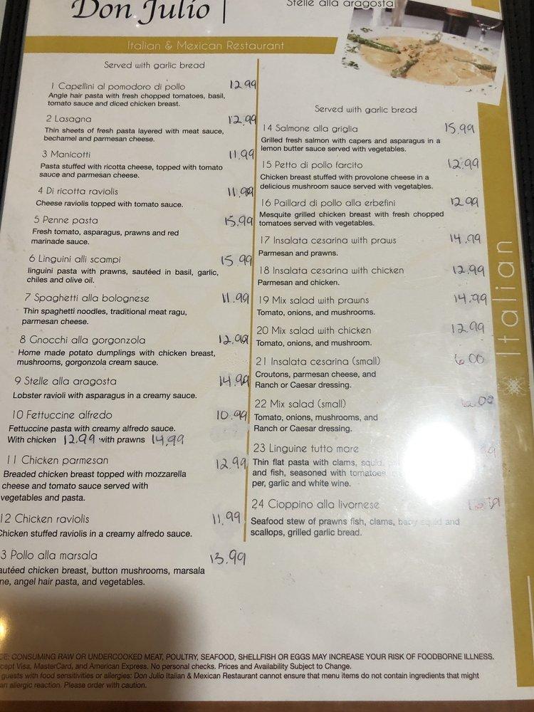 Menu at Don Julio restaurant, Fallon