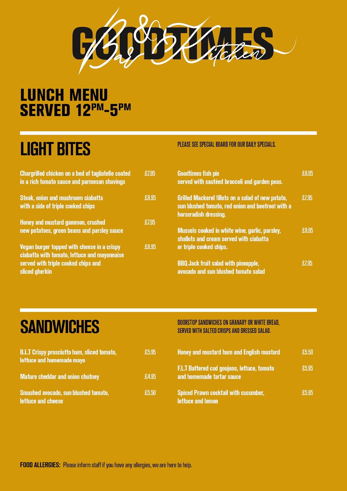 Menu at Good Time's Bar and Kitchen, Plymouth