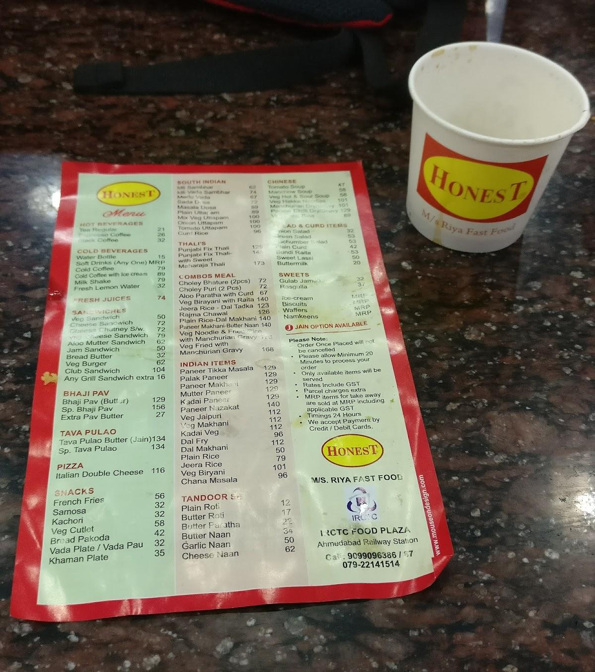 Menu at Honest Restaurant, Ahmedabad, Railway Station