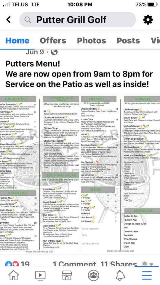 Menu at Putters Grill Concessions, Sparwood