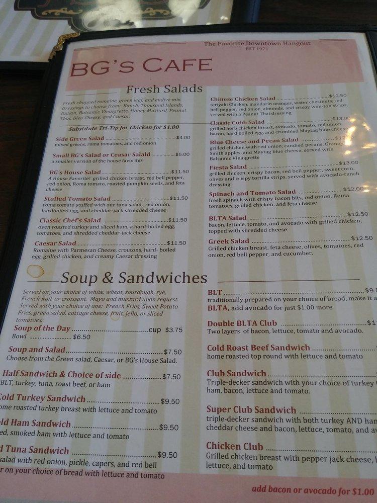 Menu at BG's Cafe, Oxnard