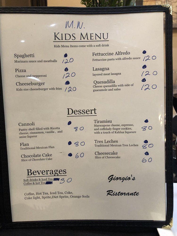 Menu at Giorgio's Ristorante steakhouse, Rosarito