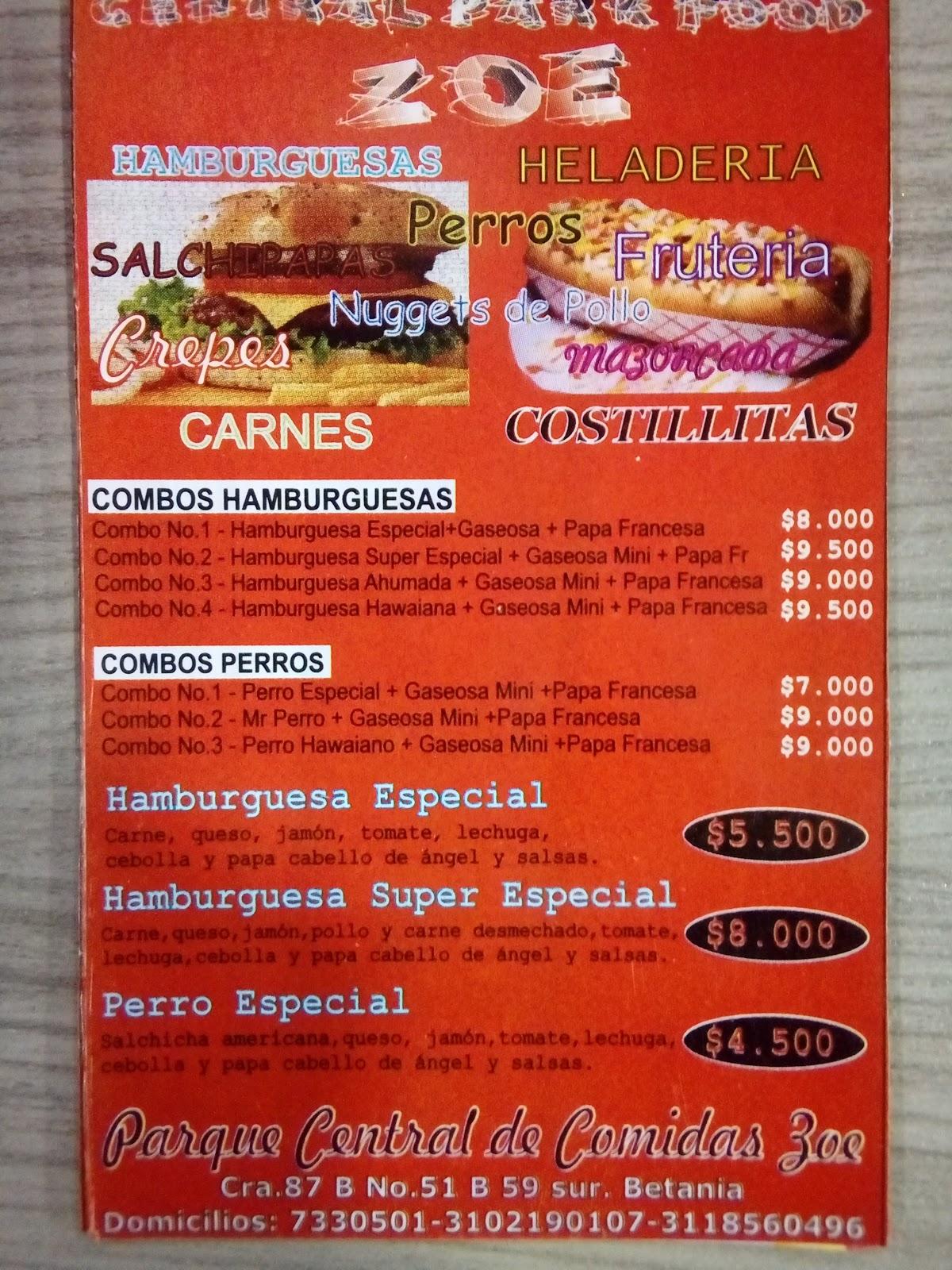 Menu at Central Food Park Zoe restaurant, Bogotá