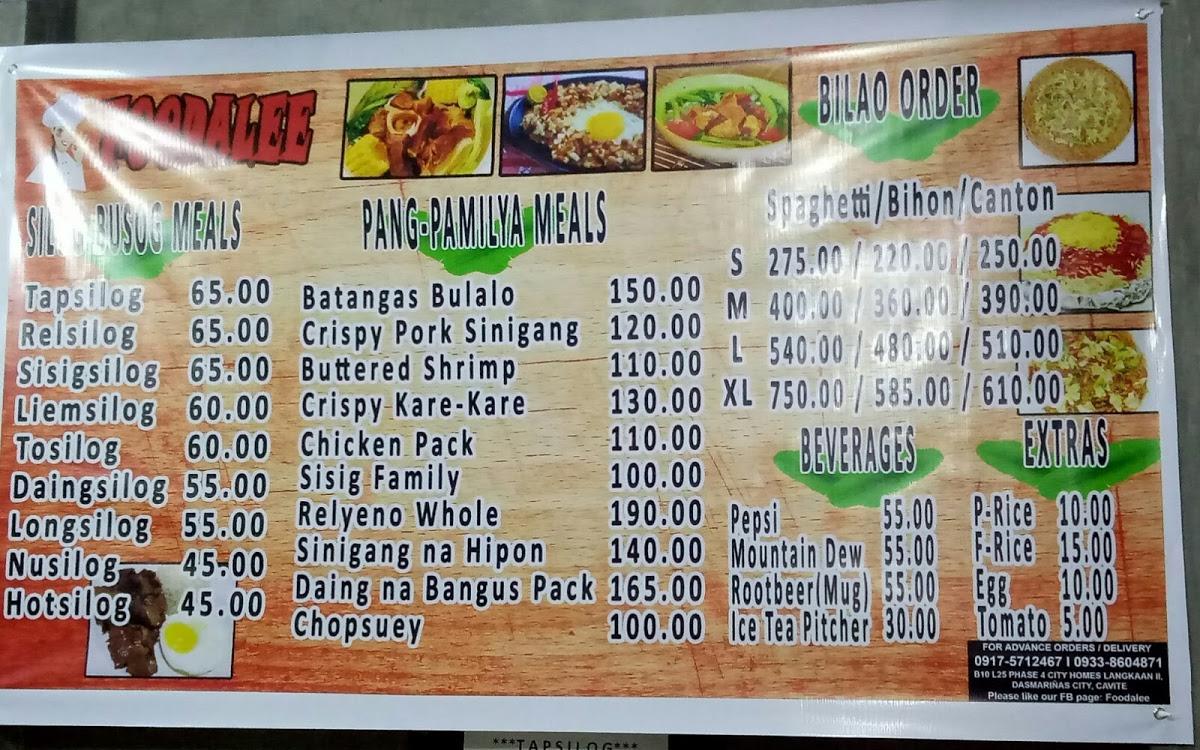 Menu at FOODALEE Batangas Bulalo restaurant, Dasmariñas