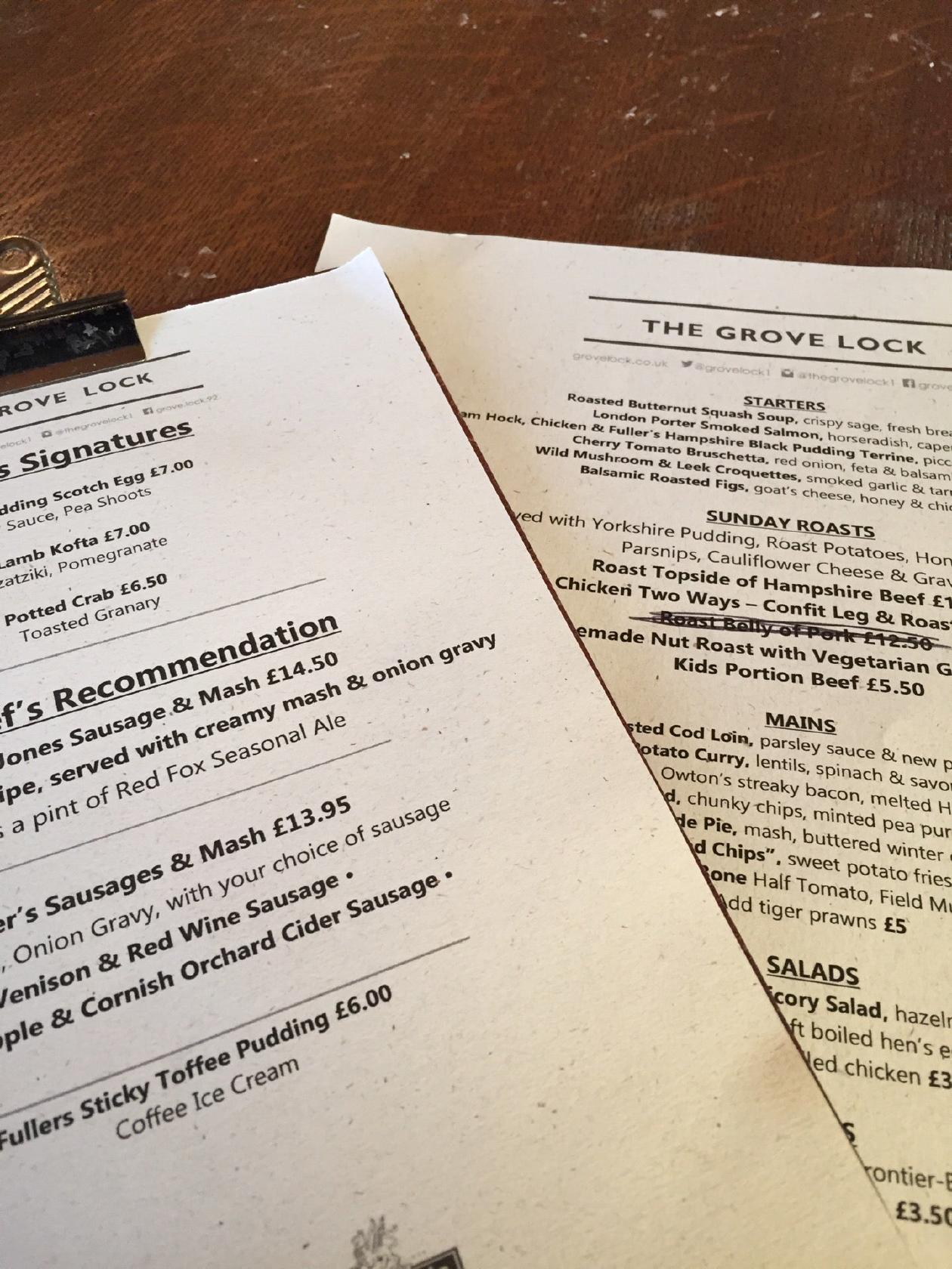 Menu at The Grove Lock, Leighton Buzzard pub & bar, Leighton Buzzard, Grove