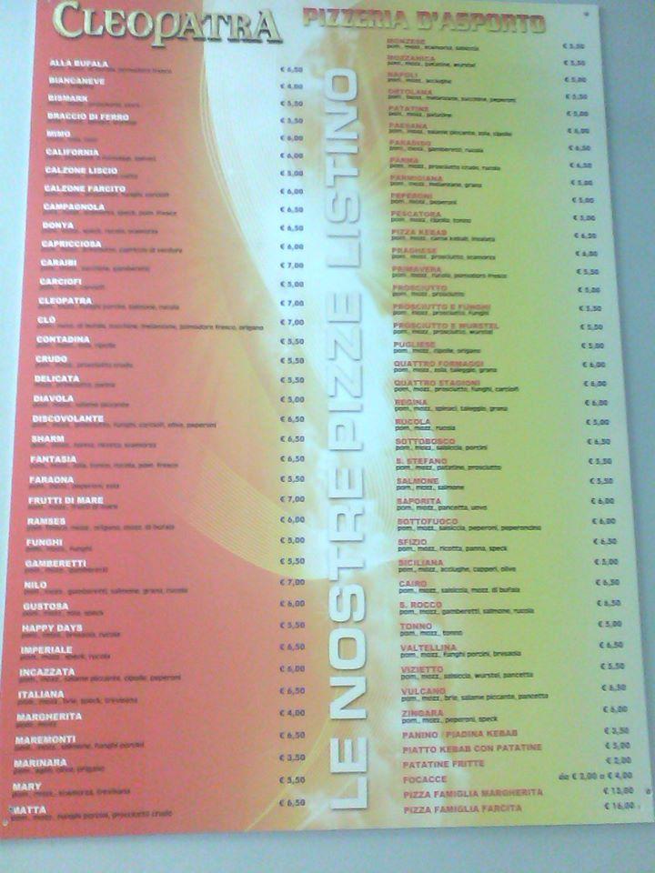 Menu at Pizzeria Cleopatra di Sohubi Walid, Mozzanica