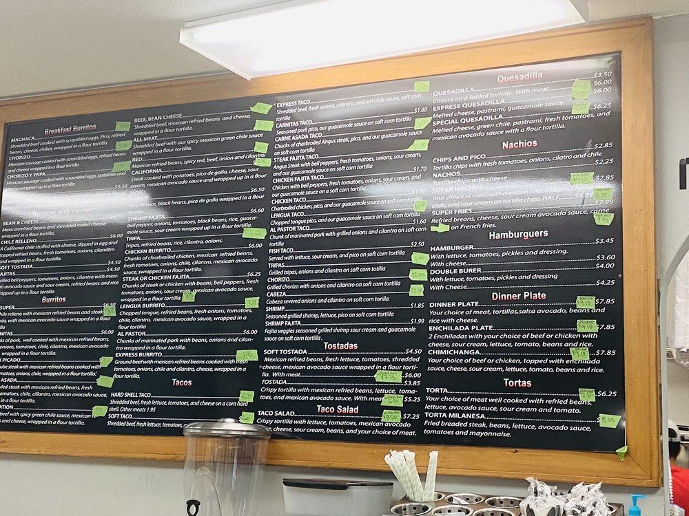 Menu at Super Taco Express restaurant, Vancouver