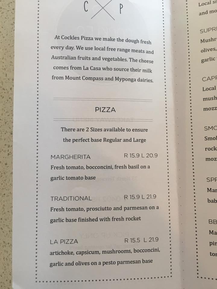 Menu at Cockles Cafe, Port Elliot, 4/33 North Terrace