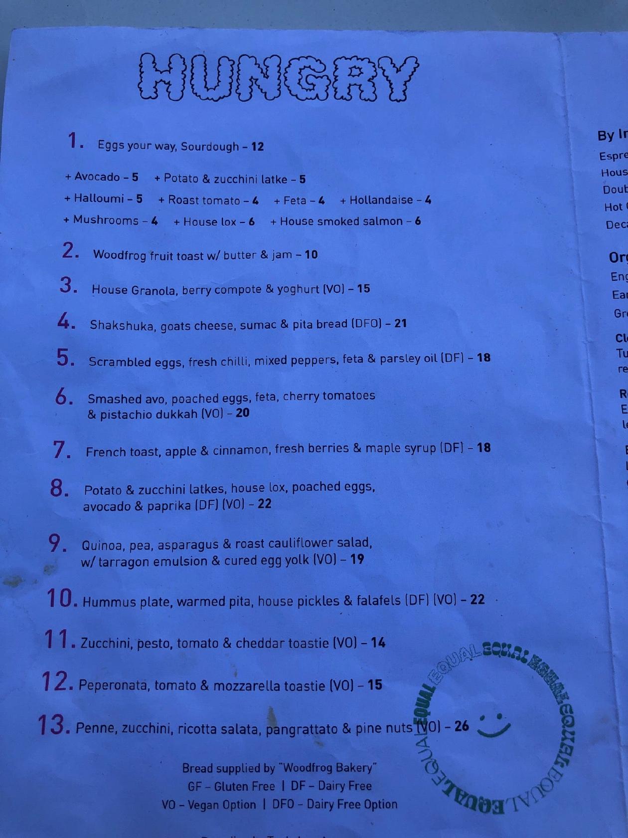 Menu at All Things Equal Cafe, Balaclava