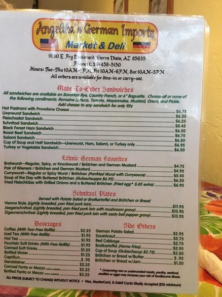 Menu at Angelika's German Imports restaurant, Sierra Vista