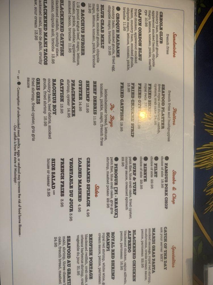 Menu at Bacchus On The Beach restaurant, Pass Christian