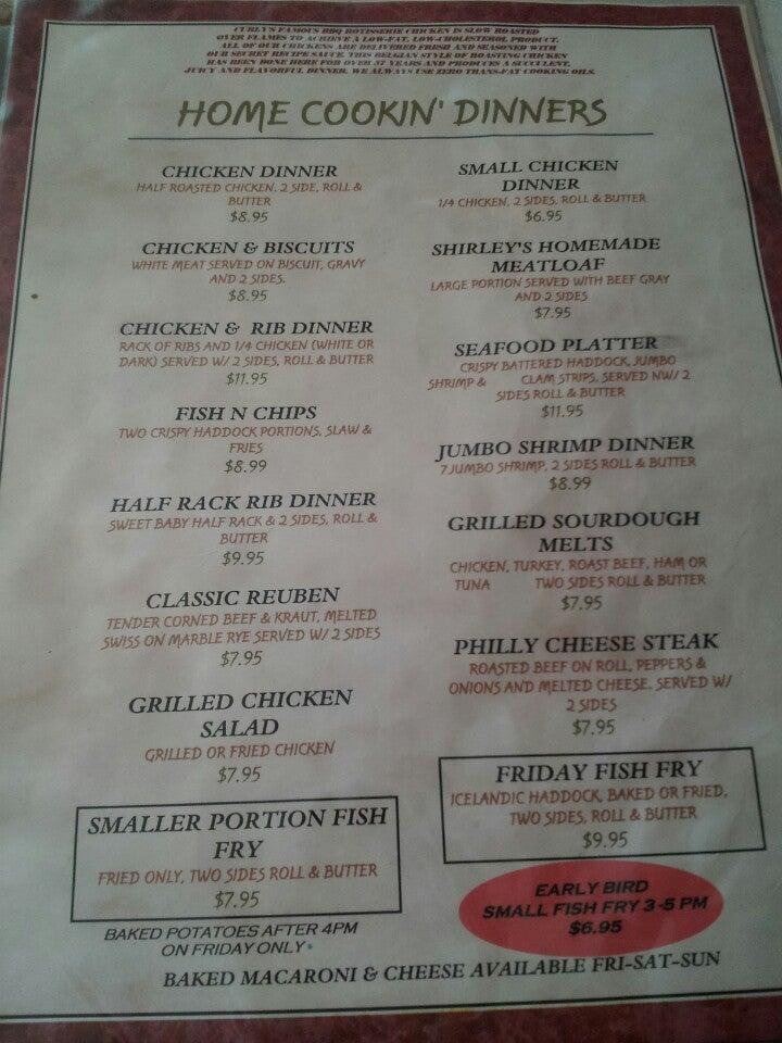 Menu at Curly's Chicken House restaurant, Elmira