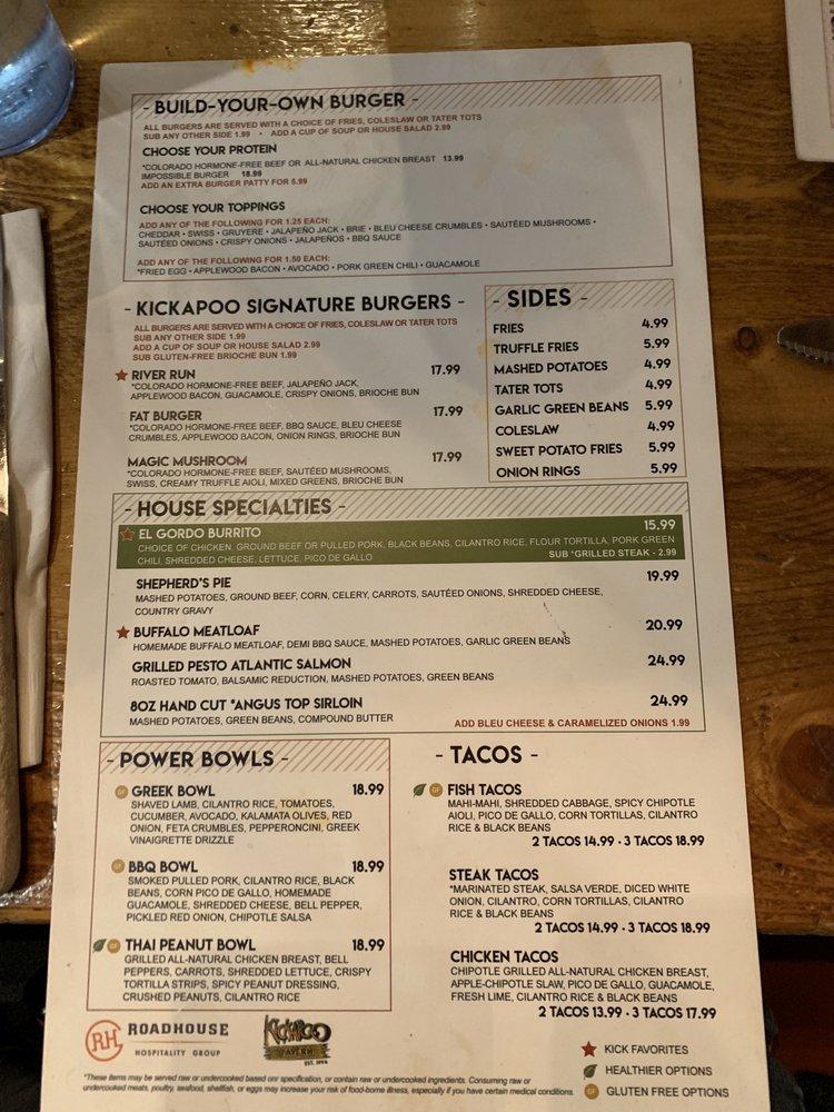 Menu at Kickapoo Tavern pub & bar, Keystone