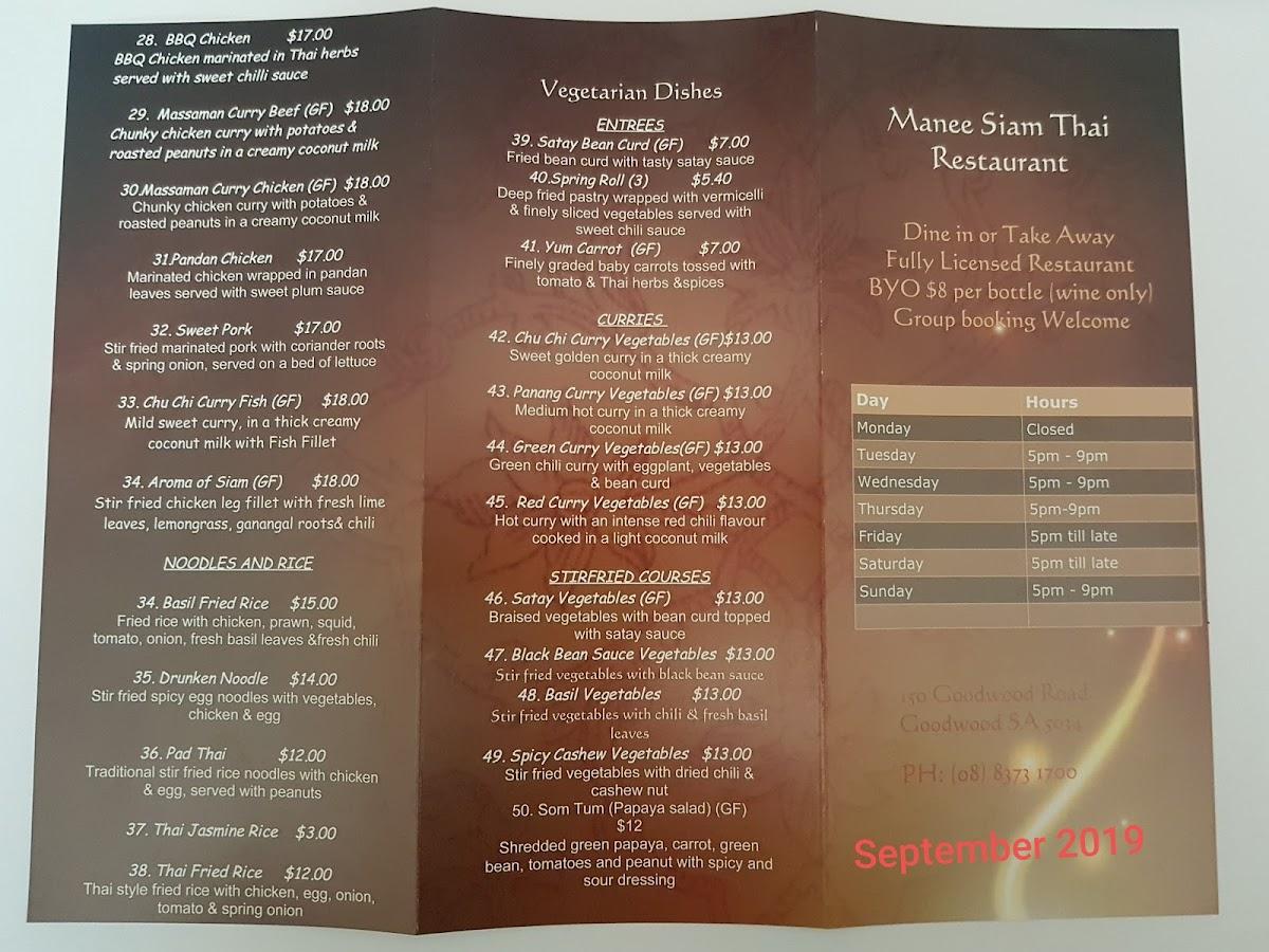 Menu at Manee Siam Thai Restaurant, Goodwood
