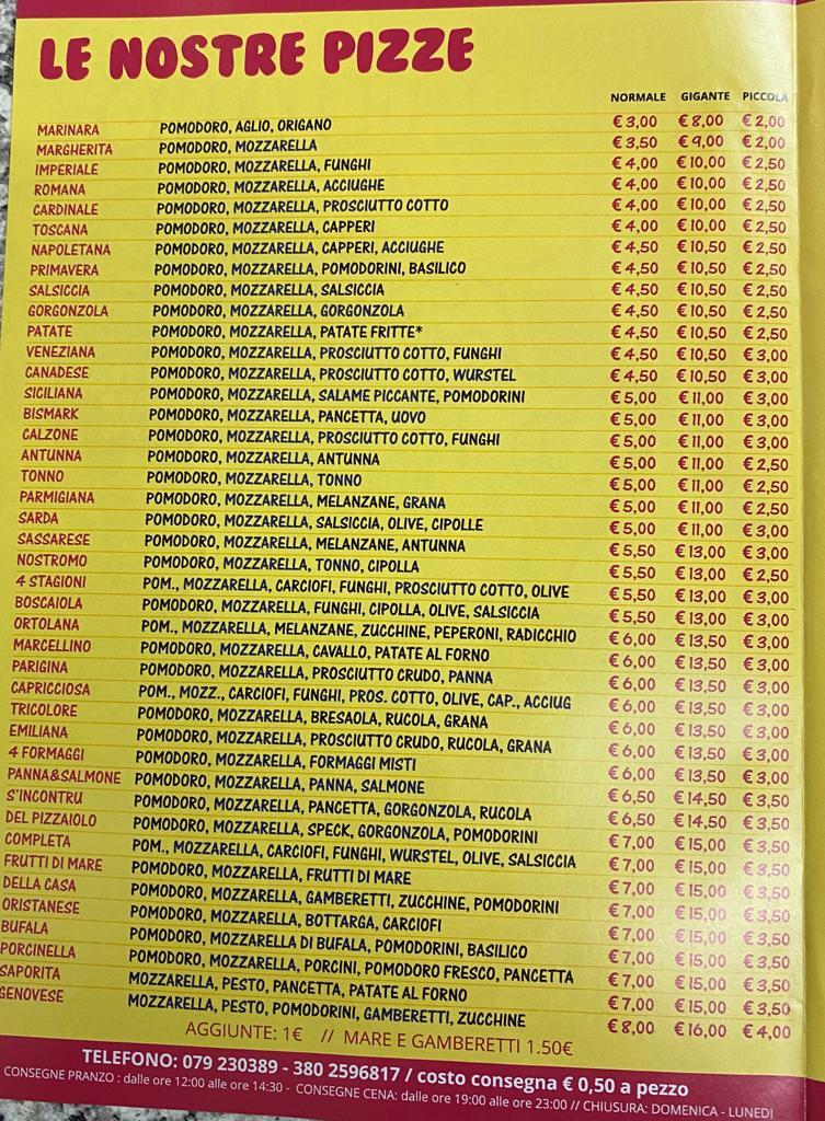 Menu at Pizzeria da Marcellino, Sassari