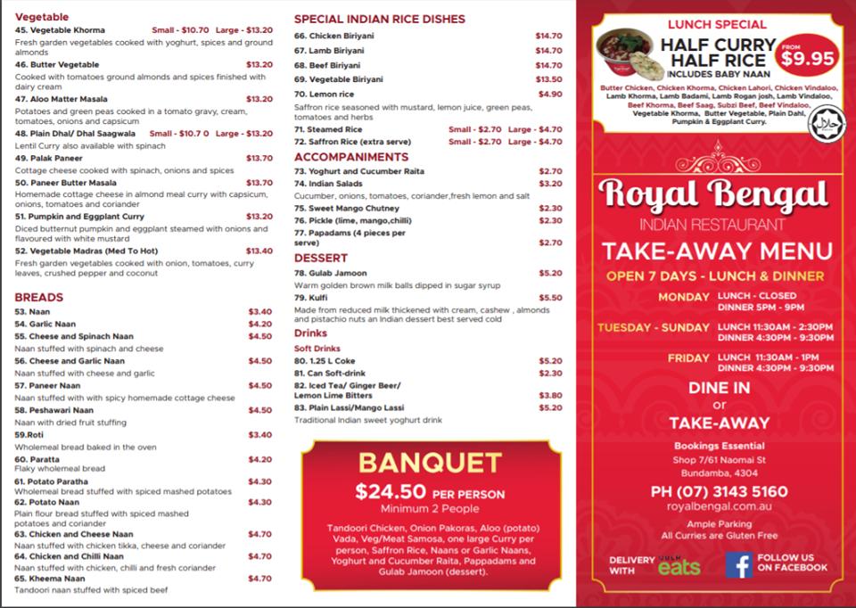 Menu at Royal Bengal Indian Restaurant, Blackstone