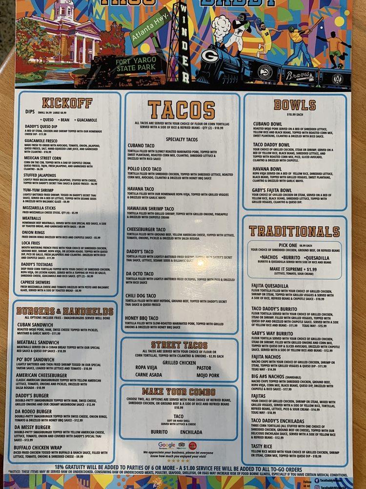 Menu at Taco Daddy desserts, Winder
