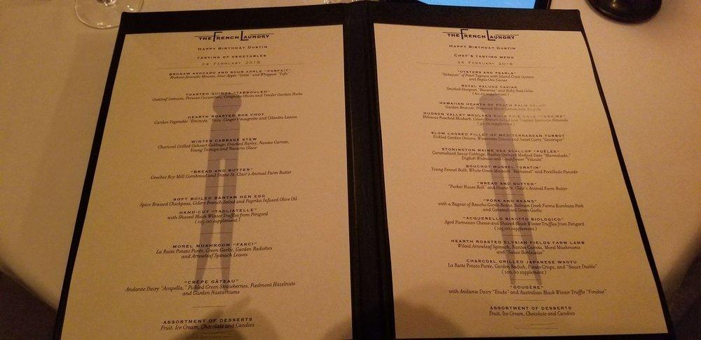 Menu at The French Laundry restaurant, Yountville
