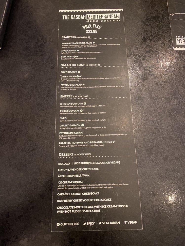 Menu at The Kasbah Mediterranean restaurant, Niagara Falls