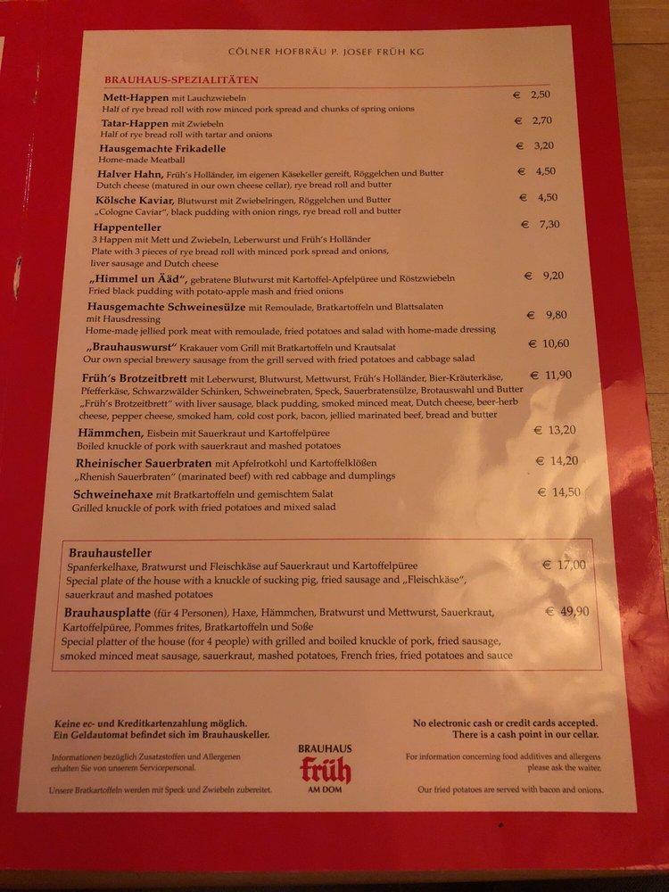 Speisekarte von Früh am Dom pub & Bar, Köln, Am Hof 12