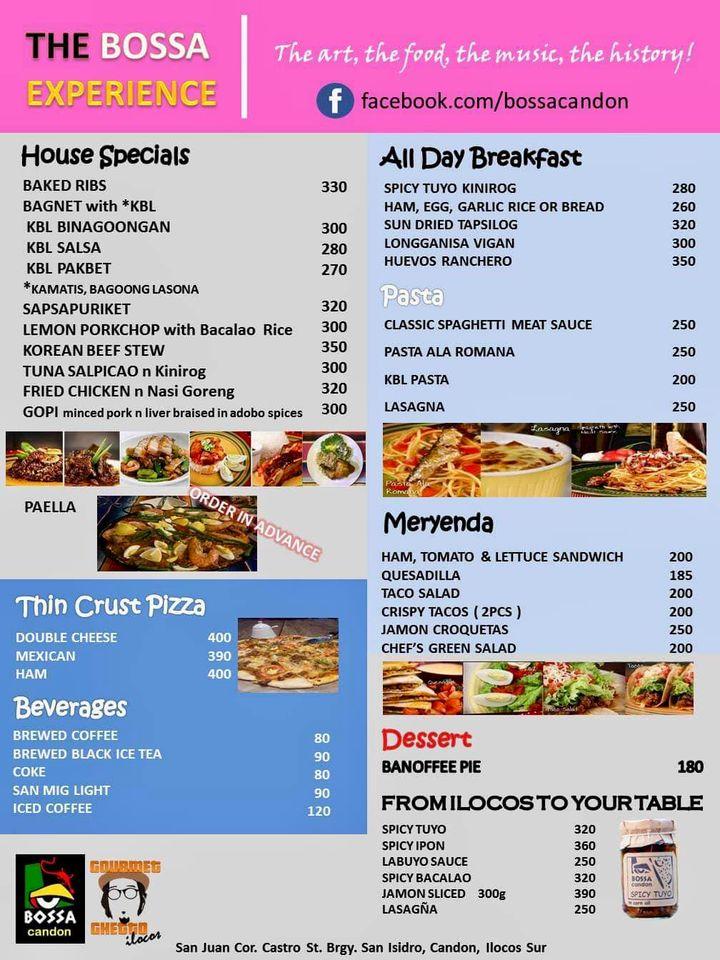 Menu at Cafe Bossa, Candon