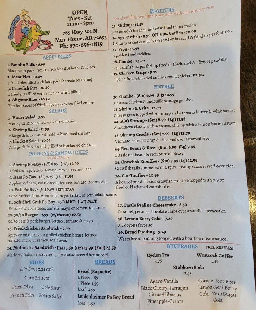 Menu at Cooyons restaurant, Mountain Home