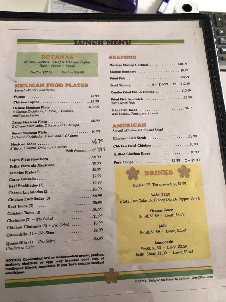 Menu at El Papa's restaurant, Port Isabel