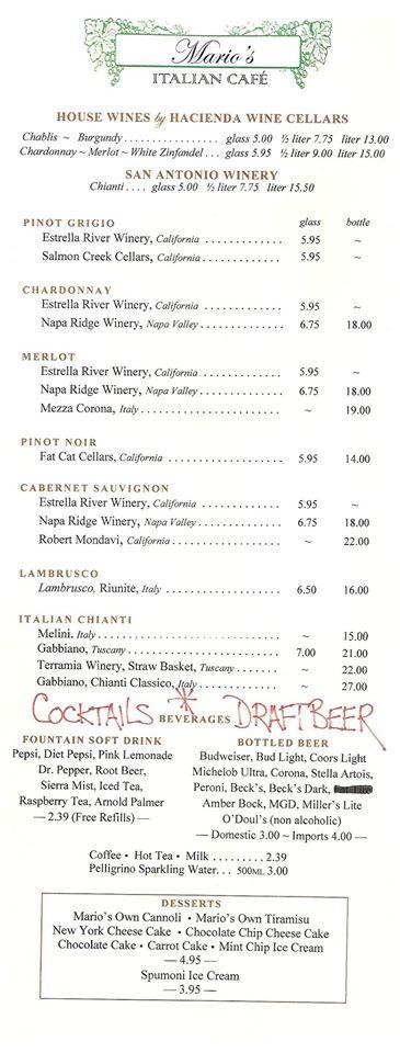 Menu at Mario's Italian Cafe, Indio, CA-111