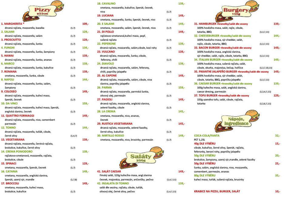 Menu at Pizza & Burger Luciana restaurant, Strakonice