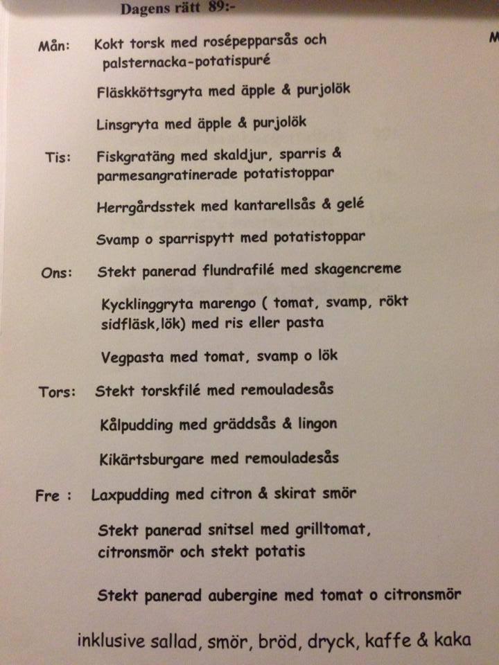 Menu at Rosenlundska Källaren restaurant, Kalmar