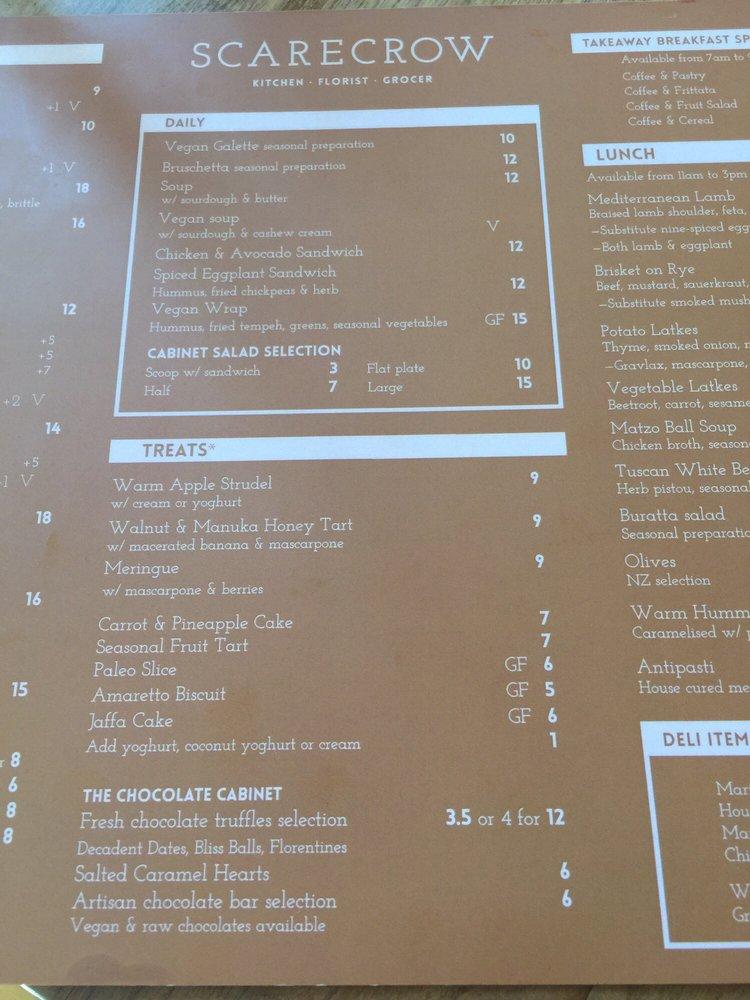 Menu at Scarecrow cafe, Auckland, 33 Victoria St E