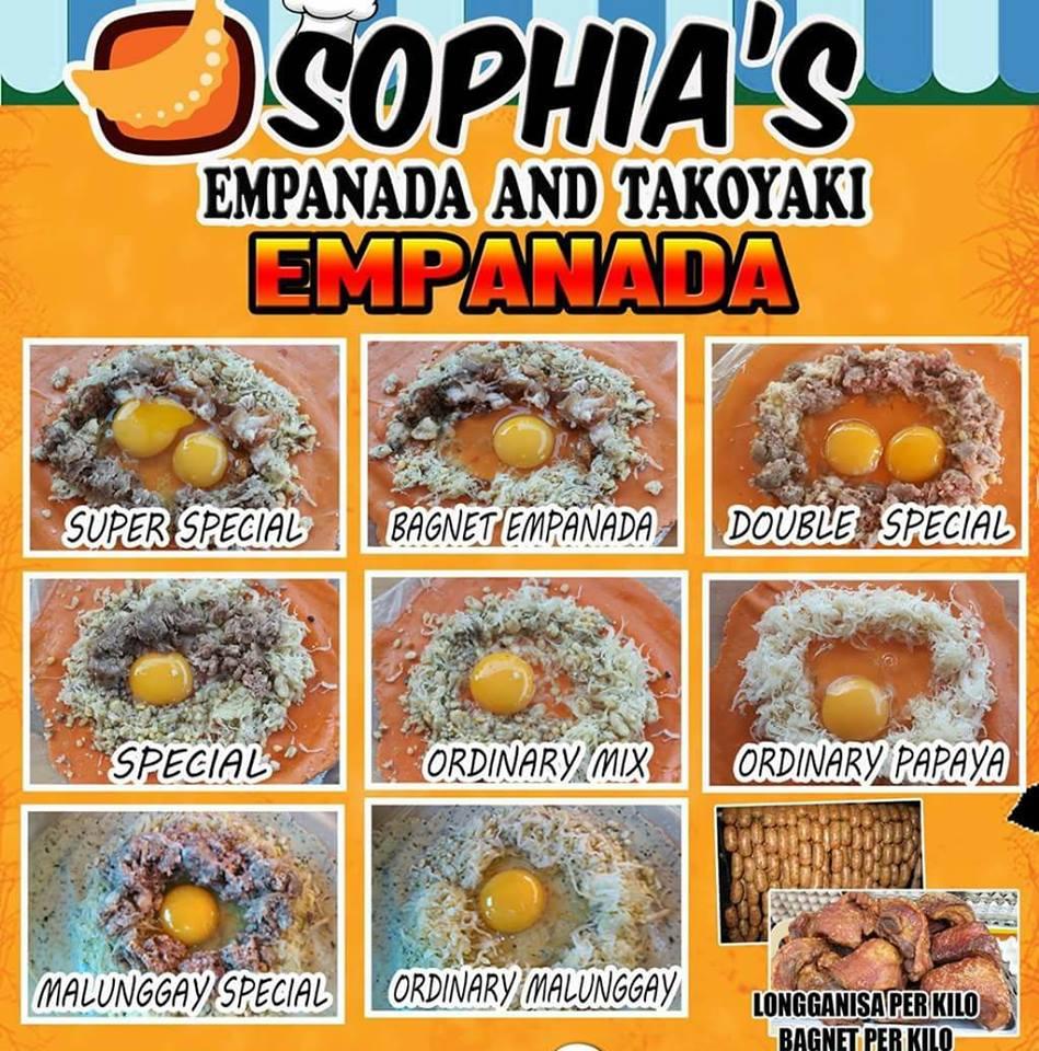 Menu at Sophia's Empanada restaurant, Laoag City