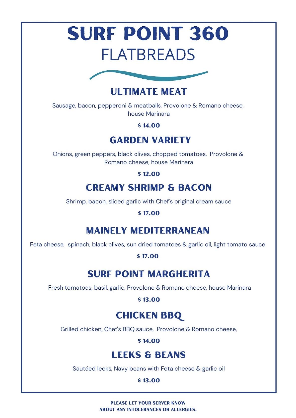 Menu at Surf Point 360 pub & bar, Ogunquit, 125 Shore Rd