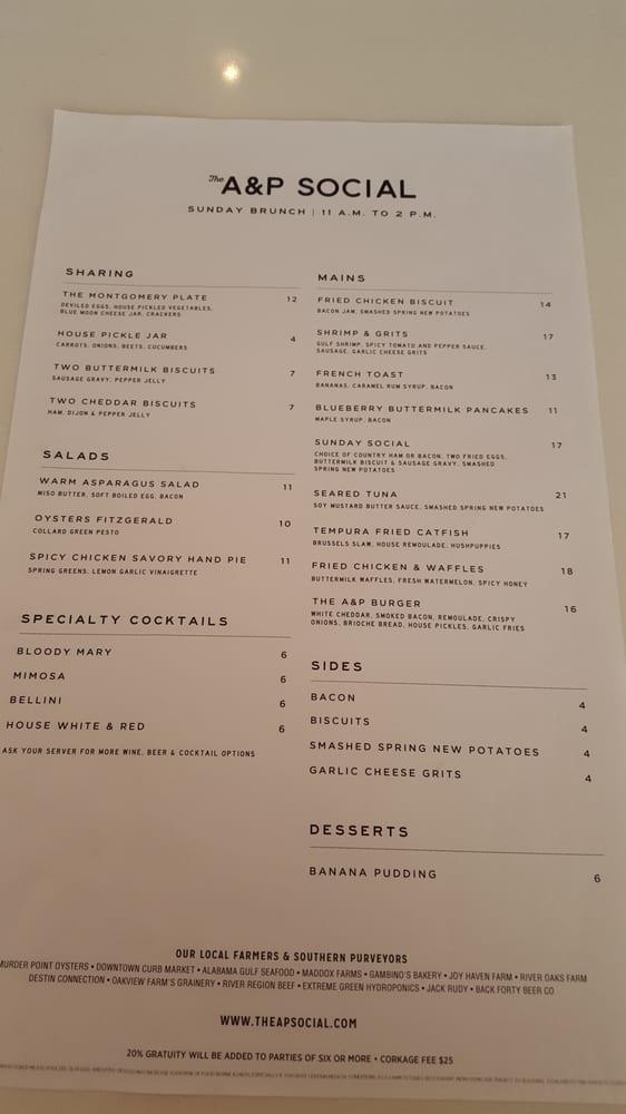 Menu at The A&P Social pub & bar, Montgomery