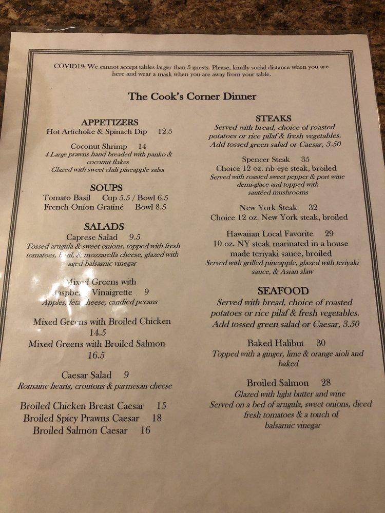 Menu at The Cook's Corner Diner restaurant, Wenatchee