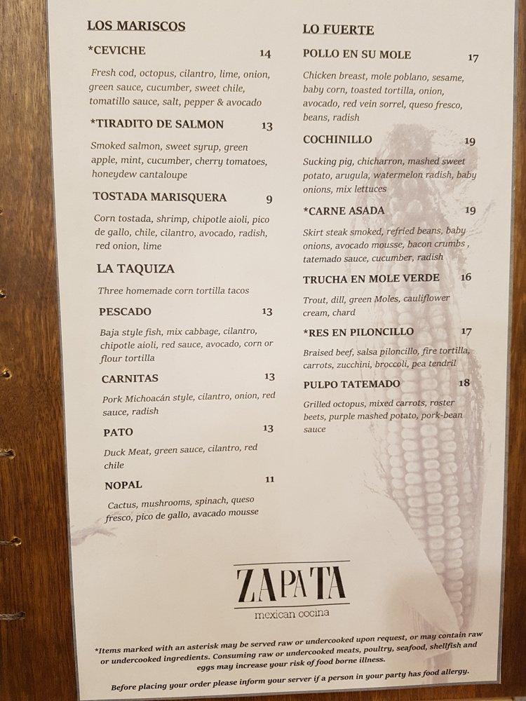 Menu at ZAPATA MEXICAN COCINA restaurant, Fitchburg
