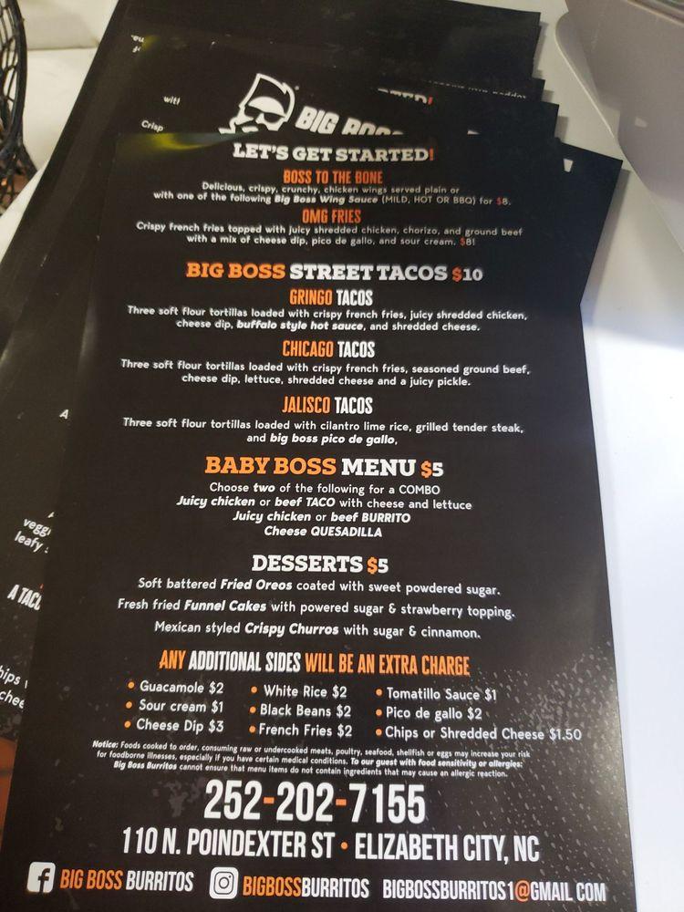 Menu at Big Boss Burritos restaurant, Elizabeth City
