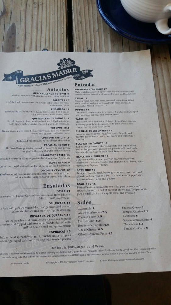 Menu at Gracias Madre pub & bar, San Francisco