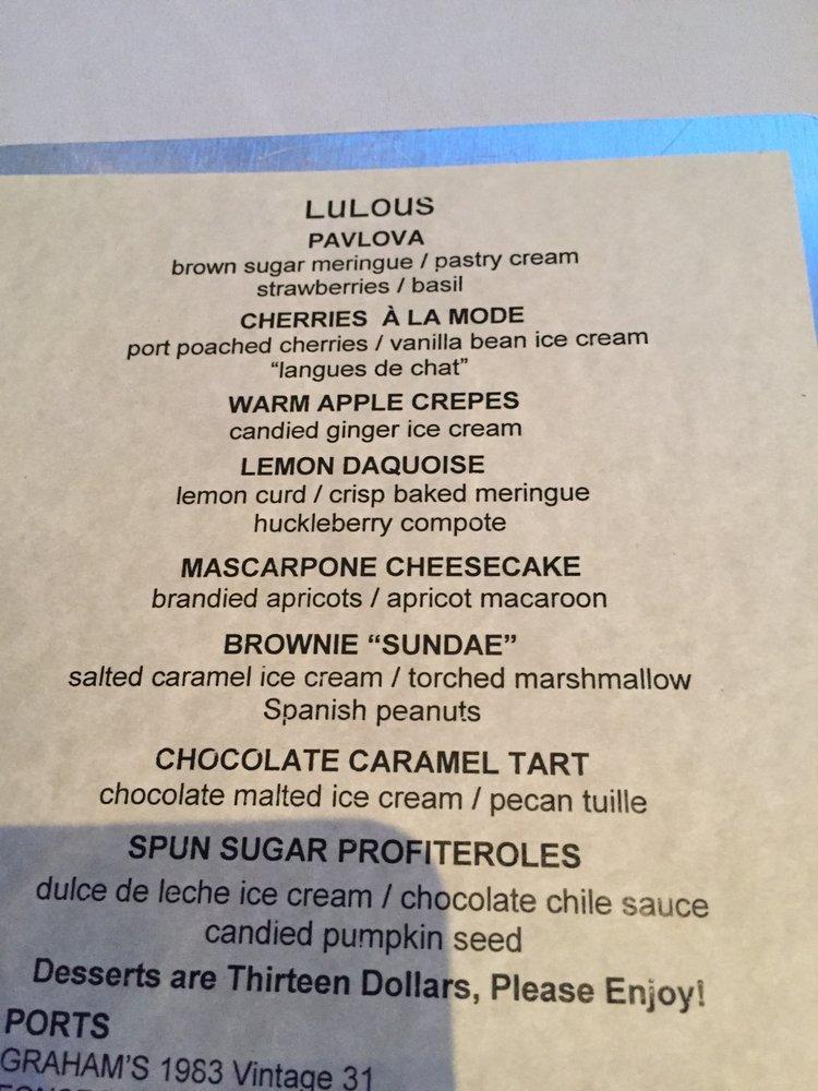 Menu at Lulou's restaurant, Reno
